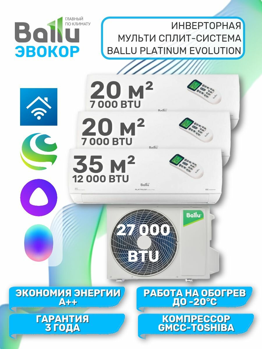 Инверторная мульти сплит-система Ballu Platinum Evolution на 3 комнаты BSUI-FM/in-07+07+12 HN8/EU BA3OI-FM/out-27HN8/EU