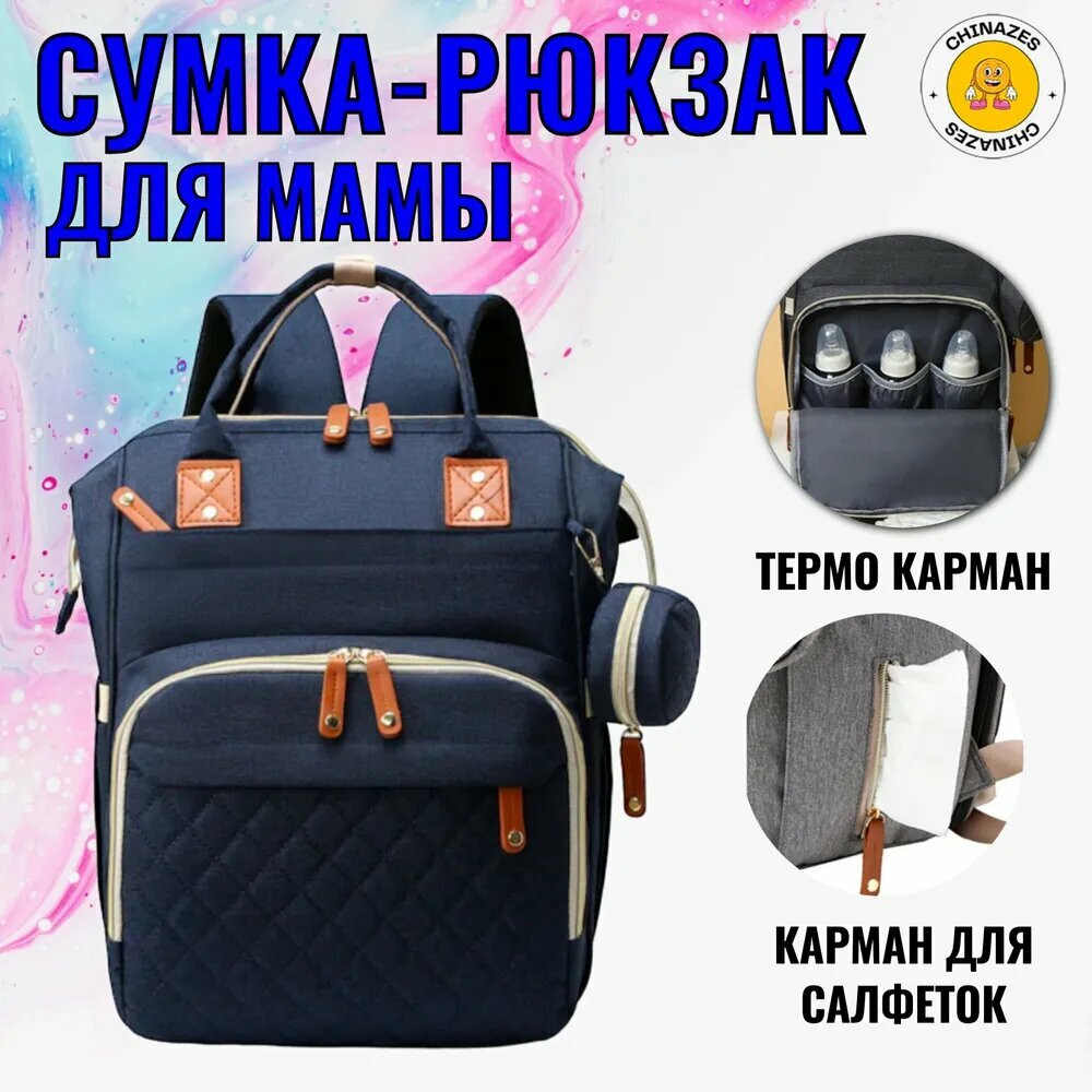 Сумка-рюкзак для мам / Сумка на коляску / Универсальный рюкзак для мамы с термо-кармашками, синий
