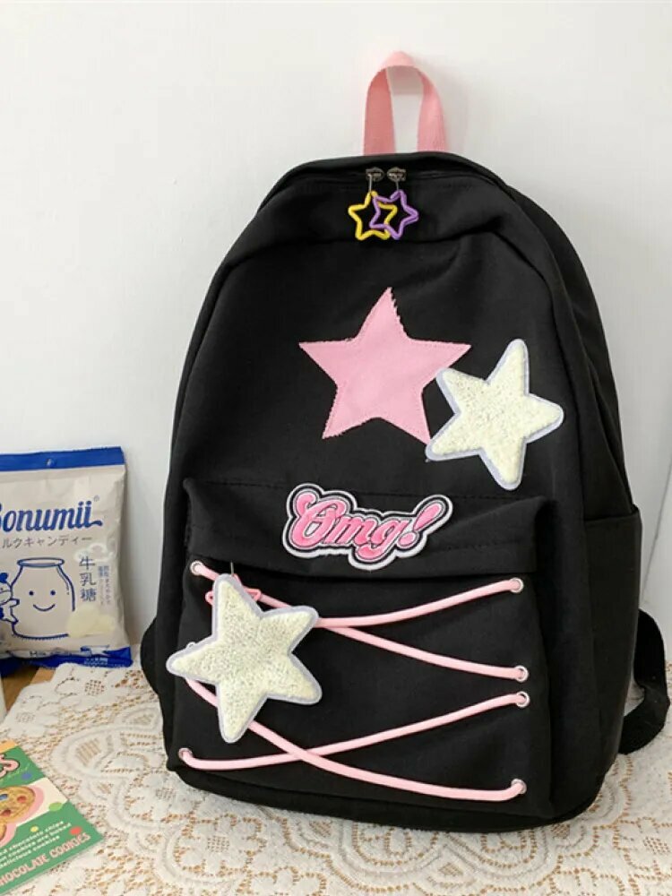 Корейский рюкзак Y2K школьный для девочки черный / Эстетичный со звездами У2К ранец милый
