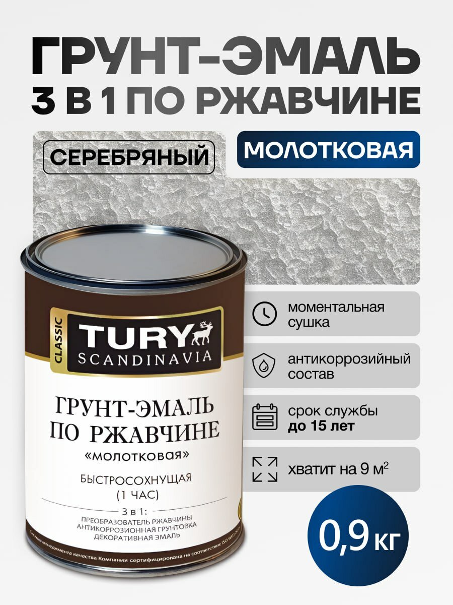 Грунт-эмаль 3 в 1 TURY МС-102 по металлу и ржавчине моментальной сушки серебристая молотковая матовая, 0,9 кг