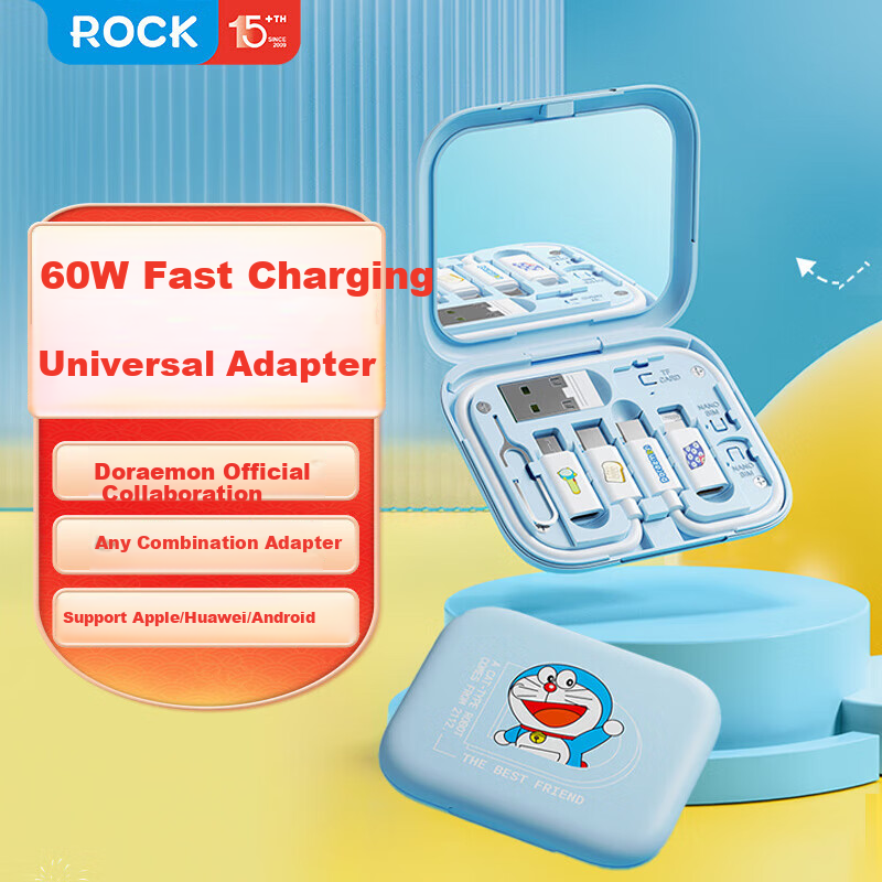ROCK 60W Fast Charging Doraemon Multi-function Data Cable OTG Adapter Three-in-One Charging Cable Apple Android Type-C Multi-interface USB Converter Storage Box