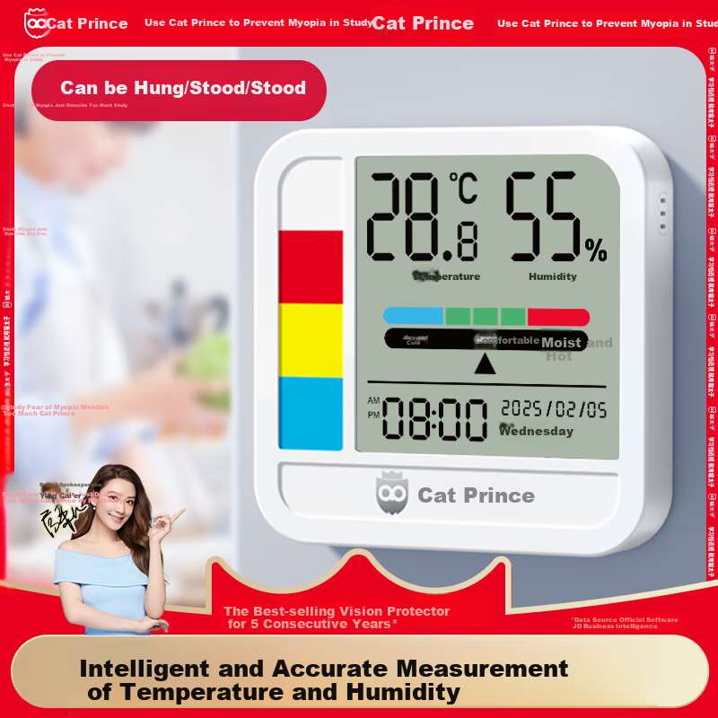 Cat Prince Temperature and Humidity Monitor Electronic Display Indoor Home Wall-mounted Desktop Baby Room Temperature Display High-precision Sensor Detector Alarm Clock Office Supplies White