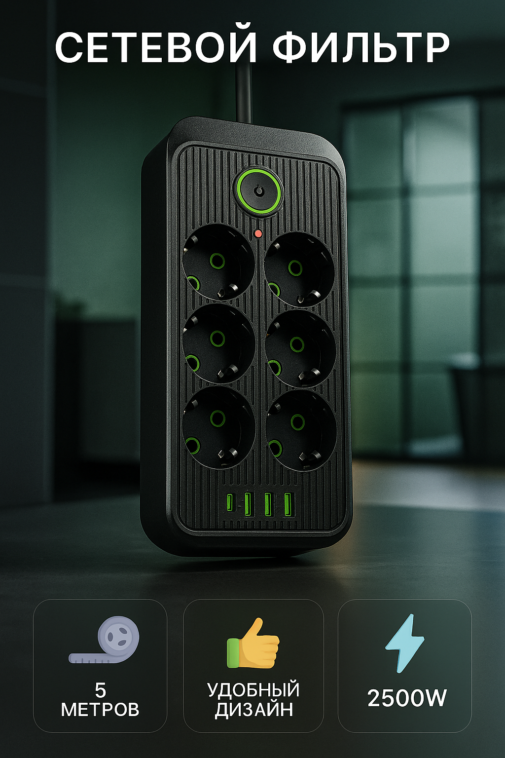Сетевой фильтр, удлинитель 6 розеток, 4 usb, 1 type-c, 5 метров
