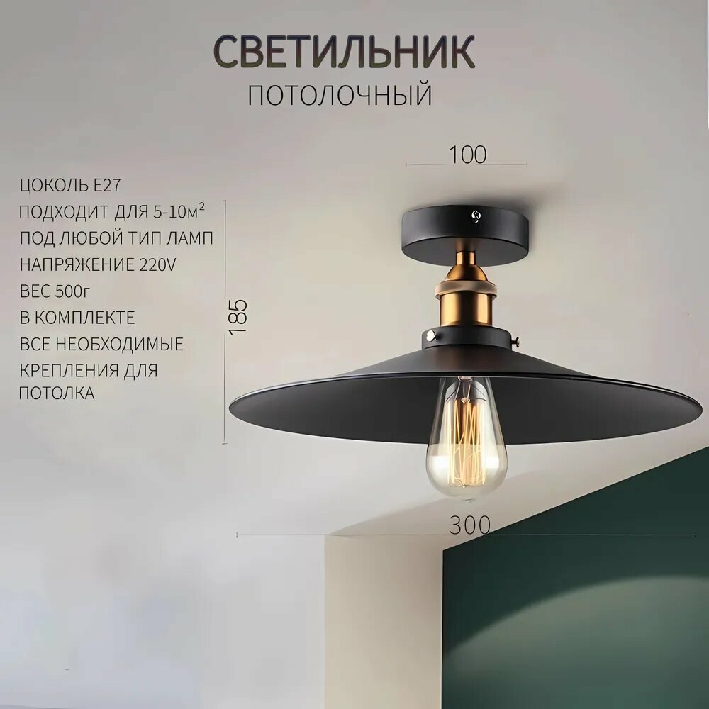 Потолочный ретро светильник Лофт, 30см, черный