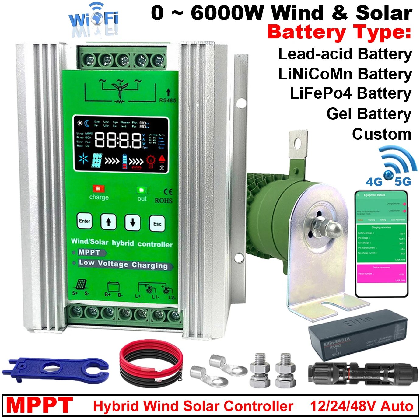 MPPT Контроллер заряда 3000 Вт для солнечной и ветровой энергии 12/24/48 В Without WiFi, Wind1200W Solar1200W, 12V 24V AUTO