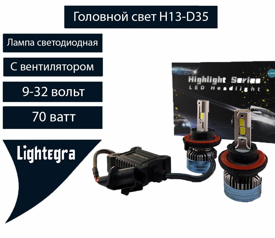 2 шт светодиодная лампа H13. С вентилятором, суперъяркая. 9-32 вольт. 70 ватт Н13 серии D35 2 шт