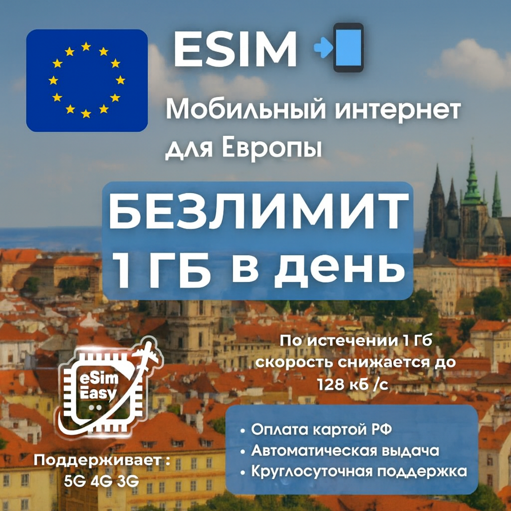 ESIM, безлимит 1 Гб в день, для интернета в Европе для телефона и планшета, 4G, 3G, электронный ключ