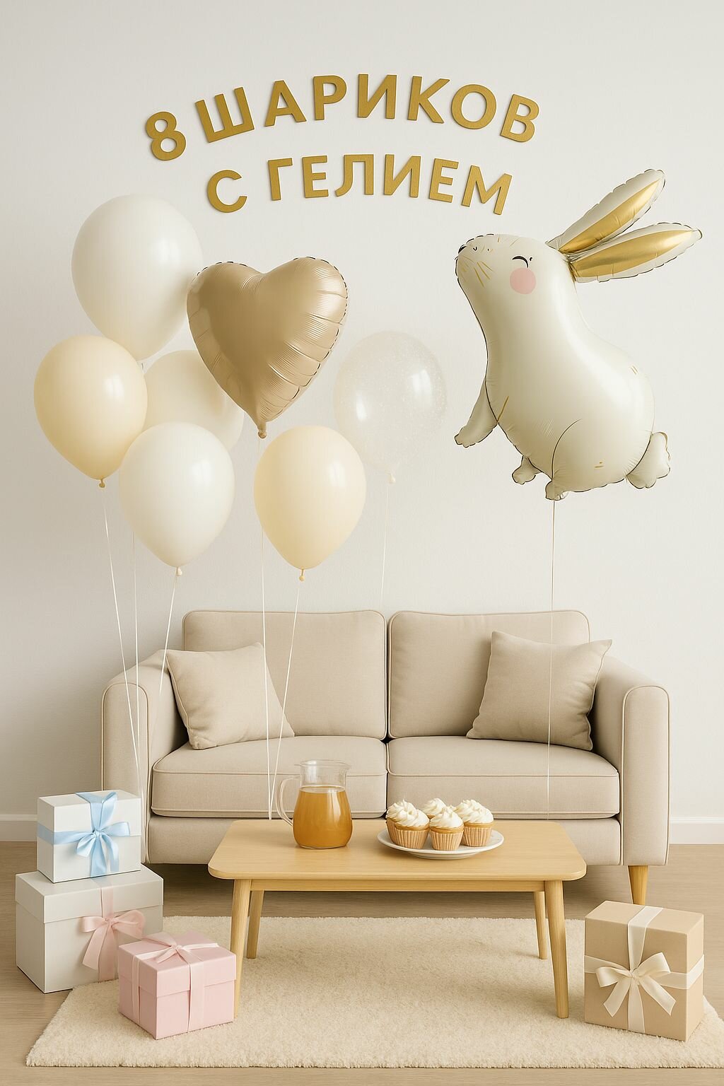 Фольгированные воздушные шары с гелием надутые в фонтан из латексных шаров с зайчиком "Нежнее шелка", 8 шт