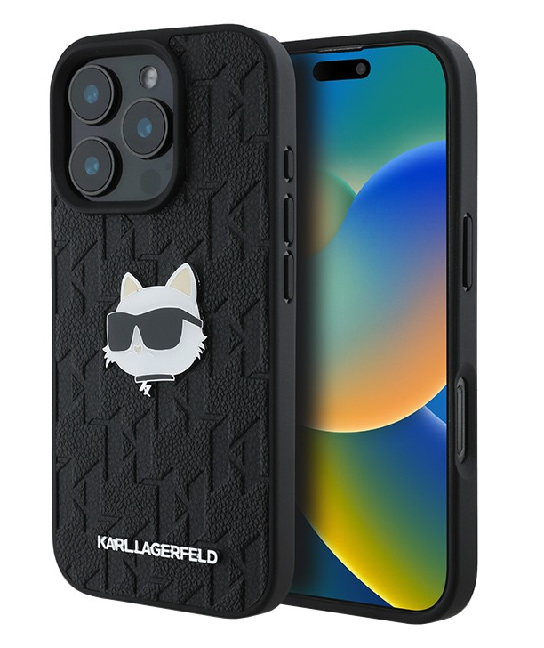 Чехол Karl Lagerfeld PU-кожа Grained Monogram NFT Choupette metal Black для iPhone 16 Pro, черный