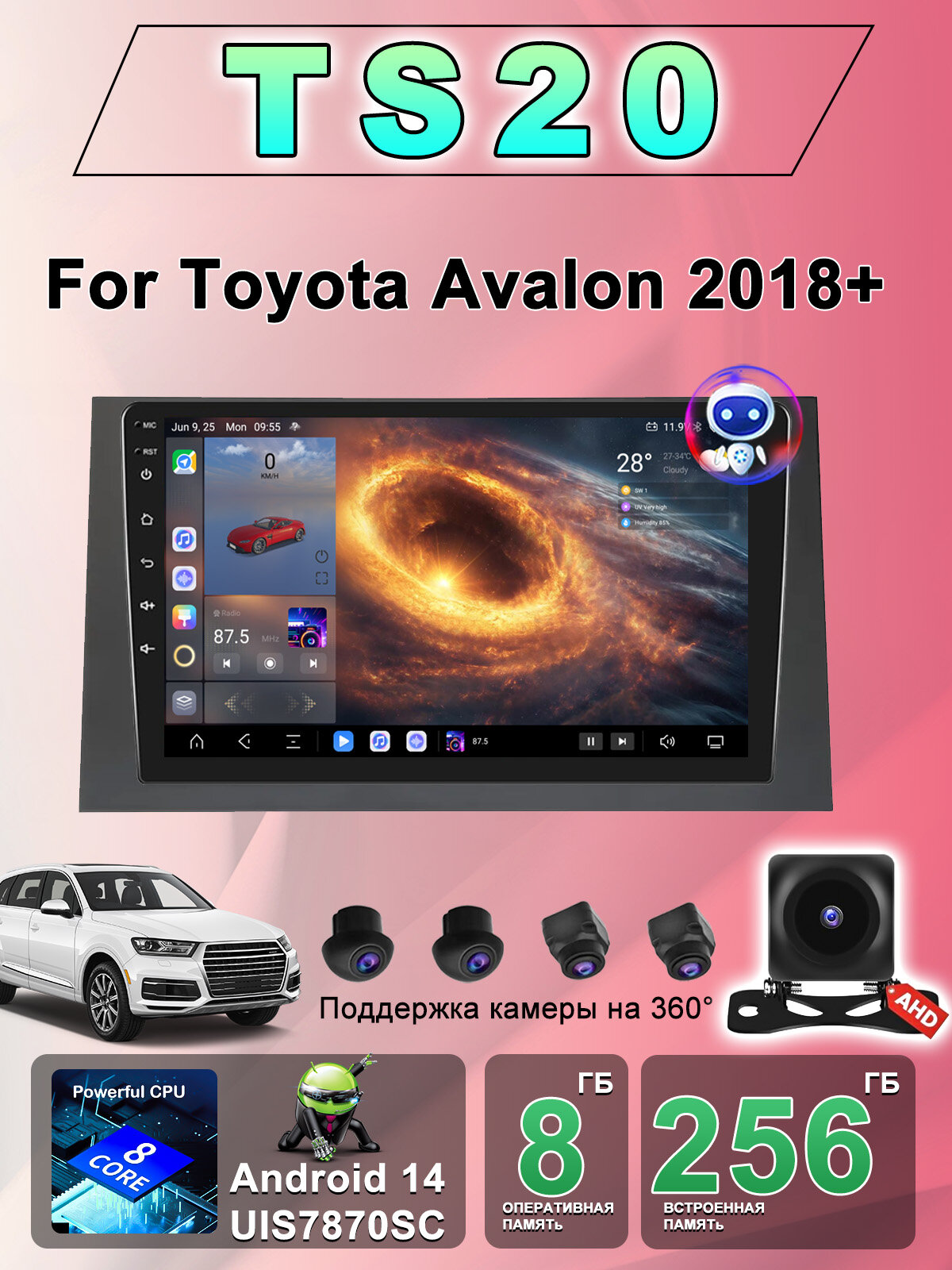 Штатная Магнитола TS20 для Toyota Avalon 2018+, с камерой заднего вида. QLED экран 10.1 дюймов, Wifi 2din с сенсорным экраном, usb и блютузом