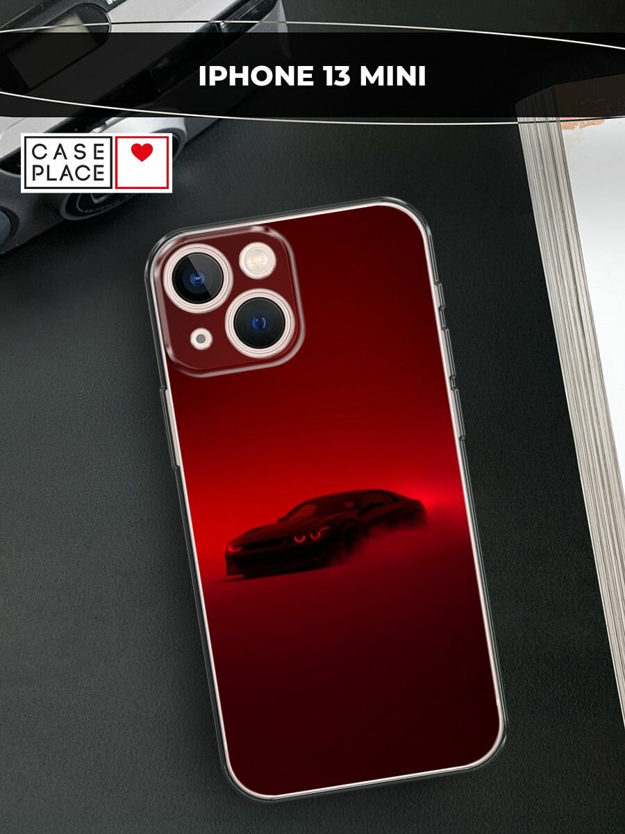 Чехол на Apple iPhone 13 mini / Айфон 13 мини с принтом Машина на красном фоне