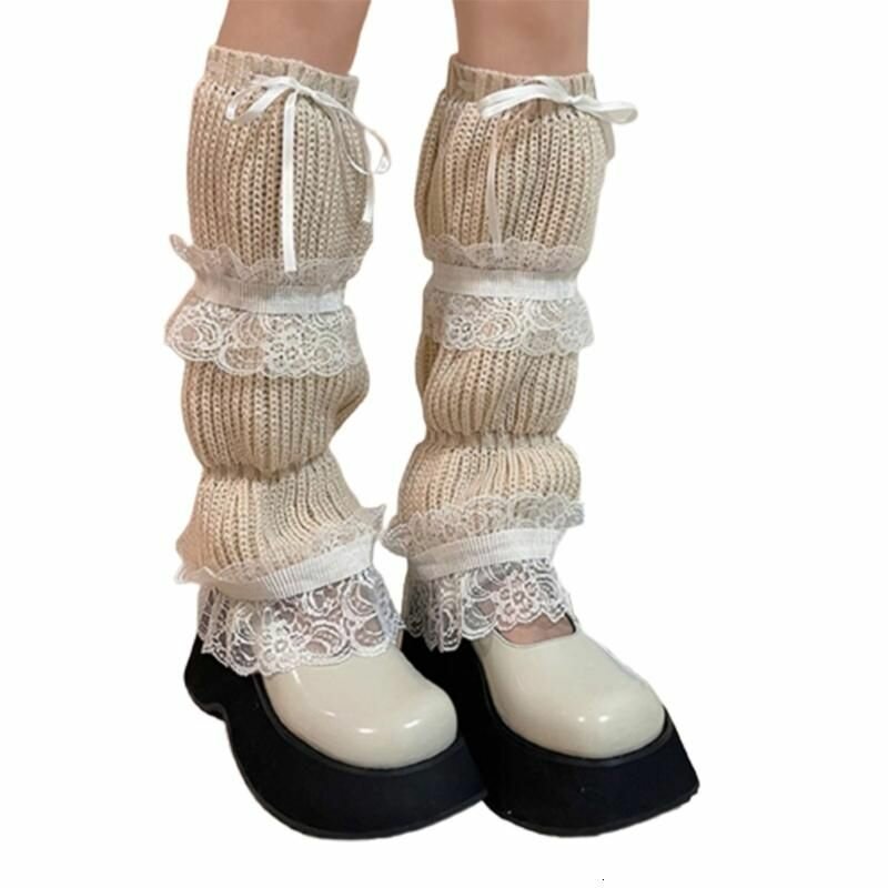 Кружевные Чулки С Пузырьковой лентой, Вязаные Леггинсы "Лолита"-Овсянка