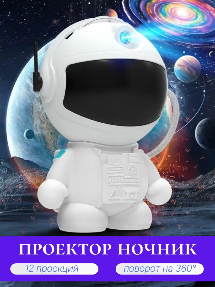 Мини проектор Астронавт 12 проекций / Космический ночник светильник 3 сменных картриджа
