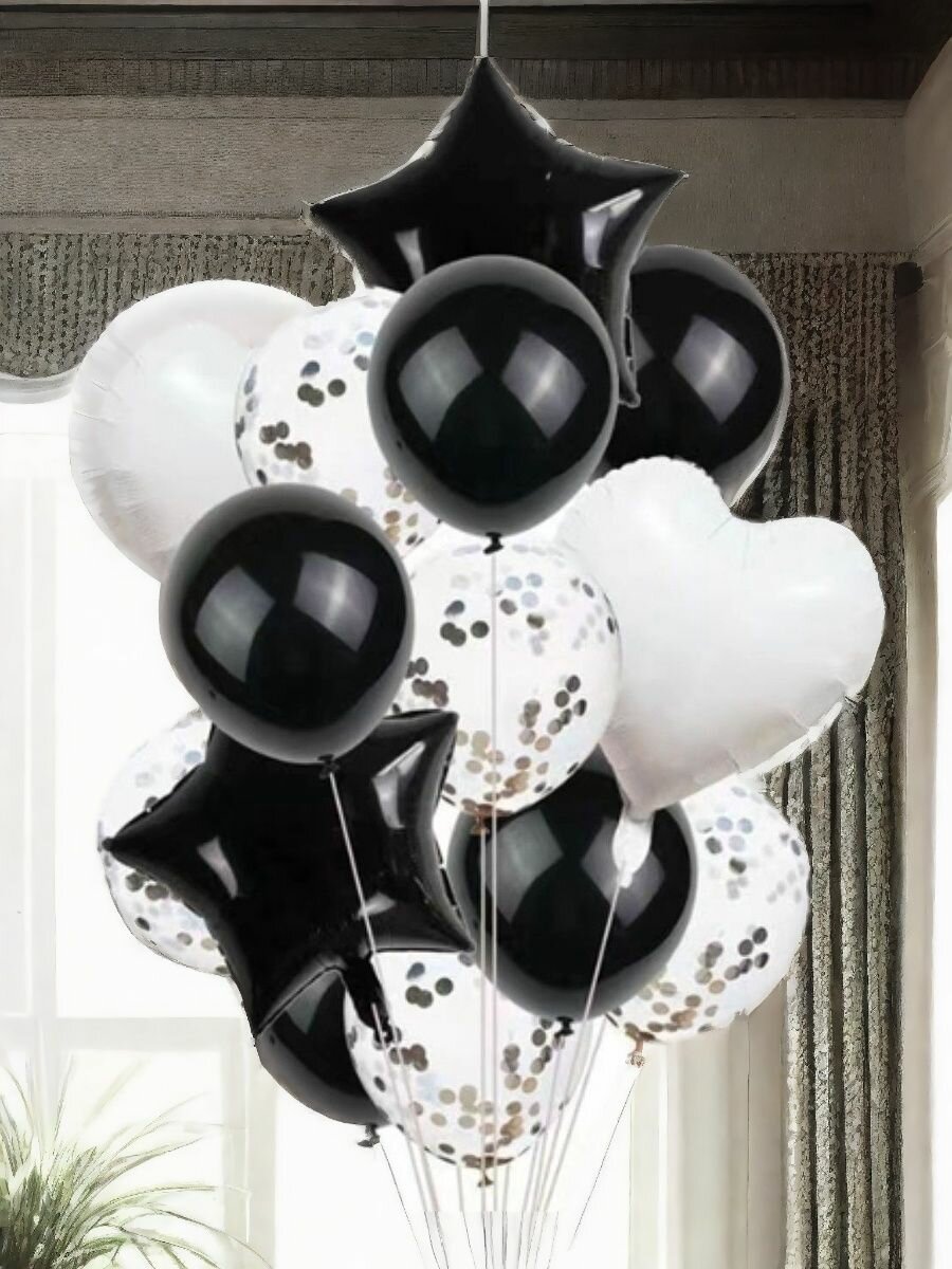 Набор воздушных шаров для праздника черно-белый с конфетти. 14 стильных шарика в комплекте. Звезды, сердечки и прозрачные шарики с блестками