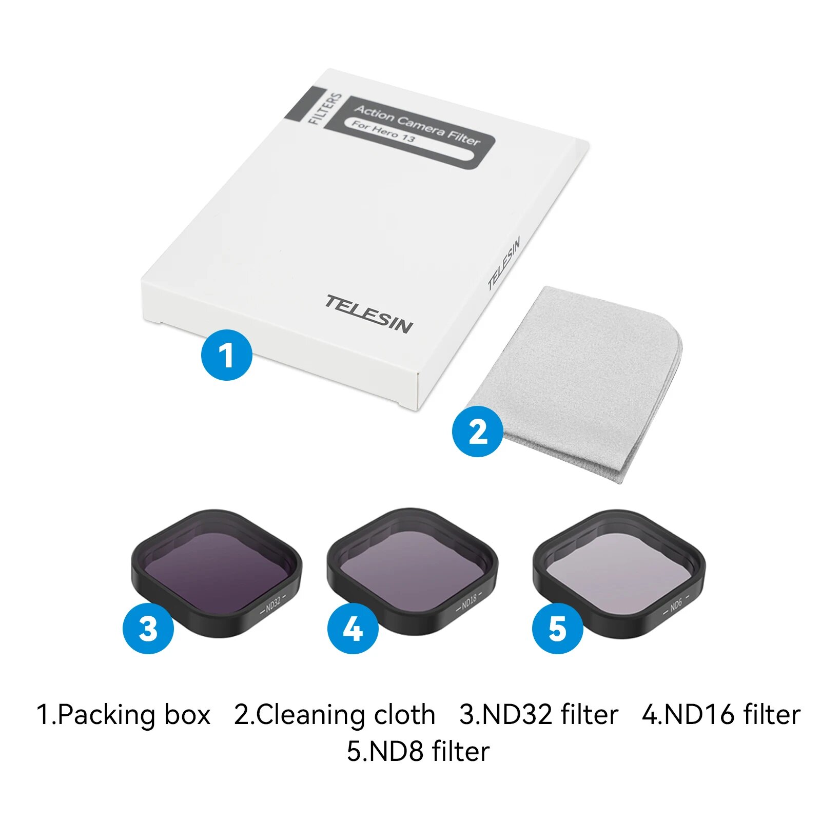TELESIN Комплект фильтров ND8 ND16 ND32 ND64 CPL для GoPro Hero 13 Gopro13 ND 8 16 32