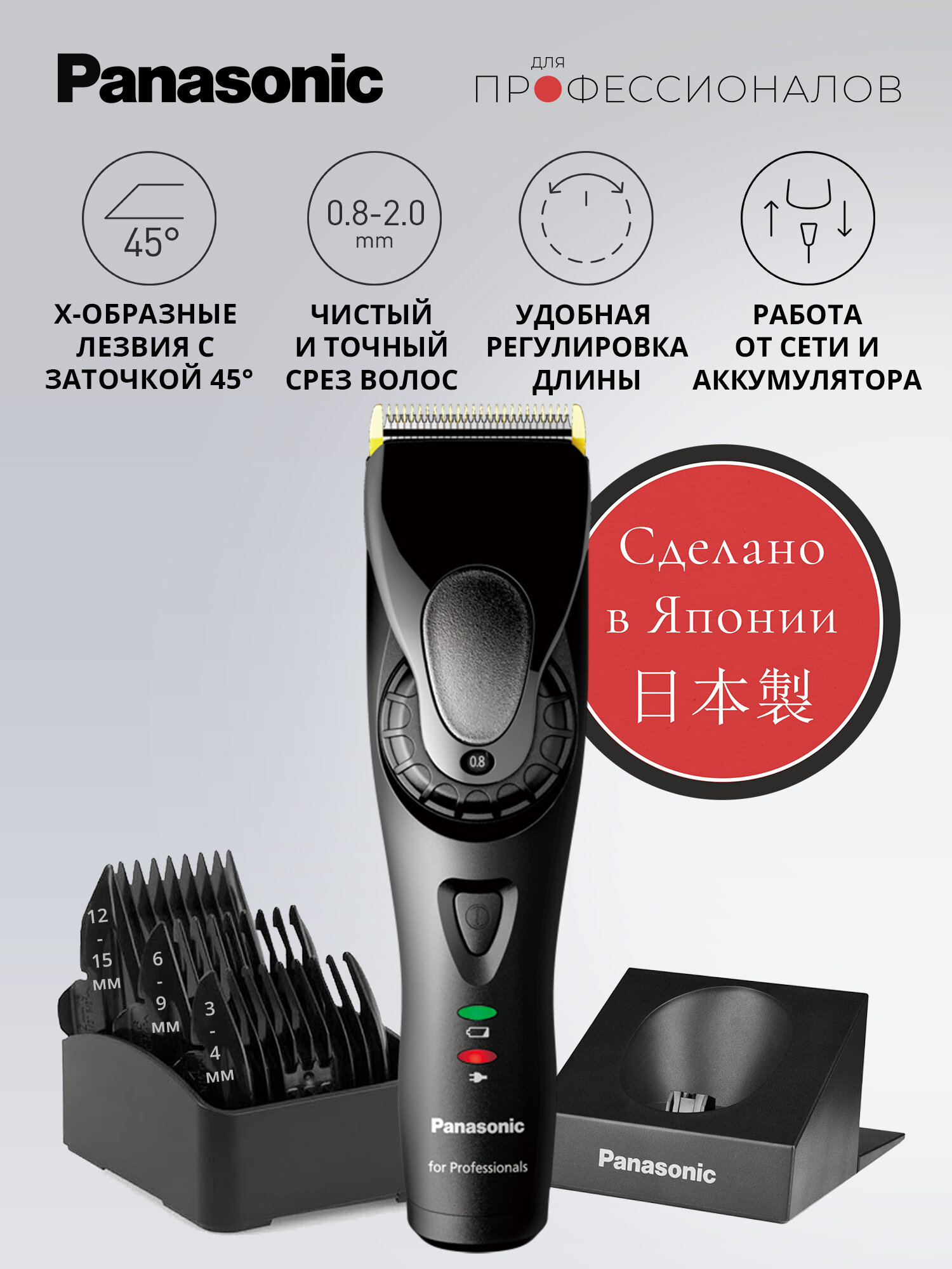 Профессиональная машинка для стрижки волос Panasonic ER-GP80-K820 с насадками, работа от сети и аккумулятора