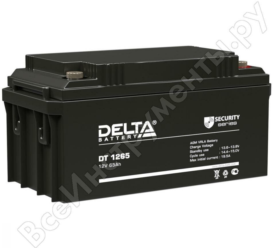 Аккумуляторная батарея Delta DT 1265, 12В, 65Ah, AGM, обратная полярность, вес 21кг, размеры 350x172x167мм, макс. ток
