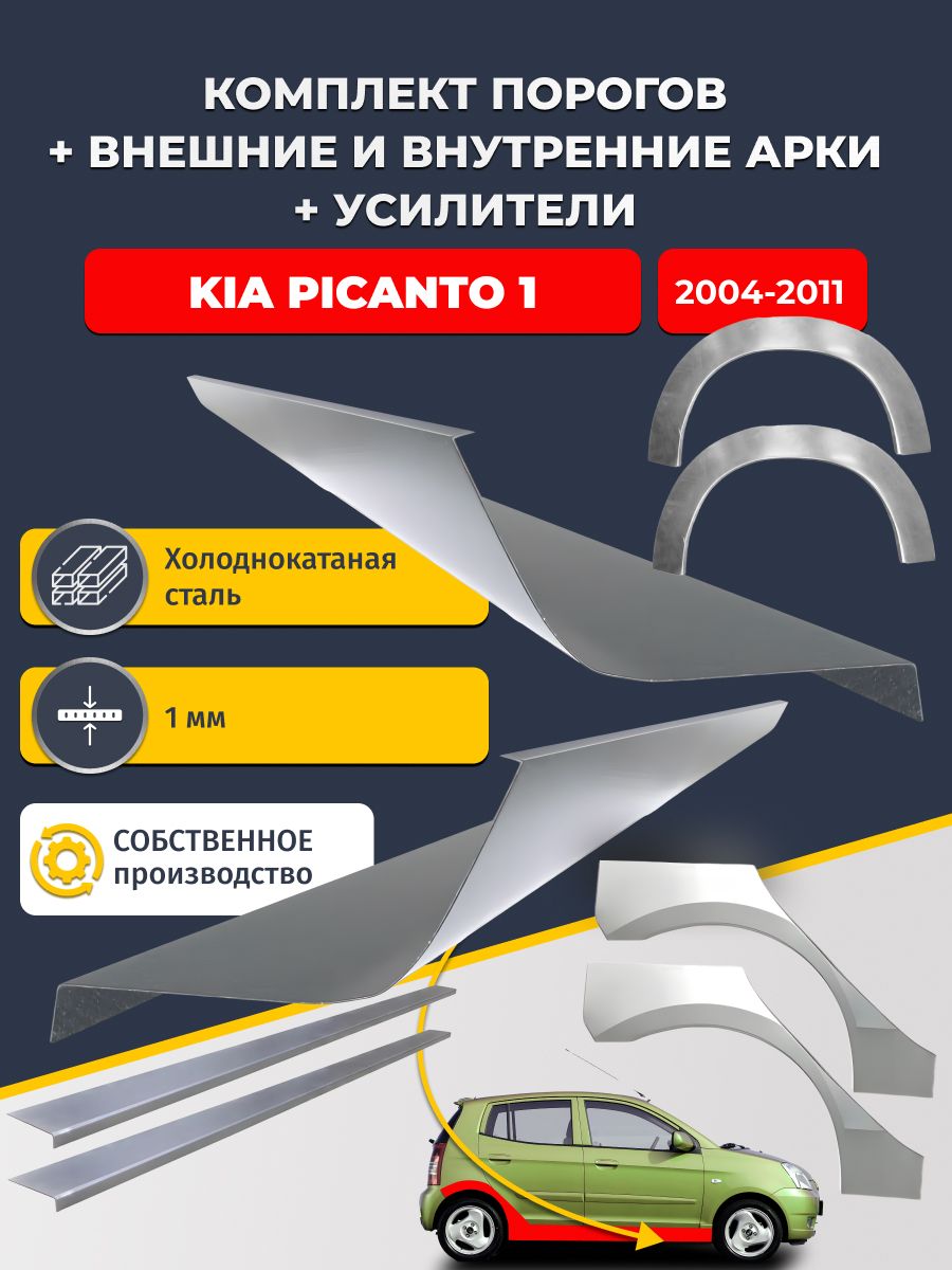 Комплект ремонтных задних внешних и внутренних арок (0,8 мм) + комплект порогов + усилители, на Kia Picanto 1 2004-2011 (Киа Пиканто 1) Холоднокатаная сталь 1 мм