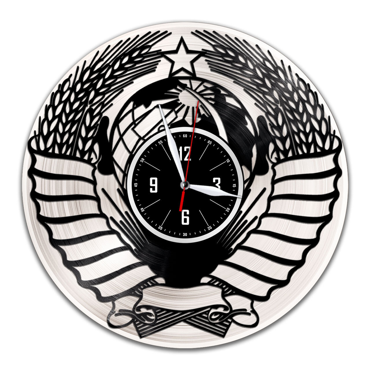 Герб ссср - настенные часы из виниловой пластинки (с серебряной подложкой)