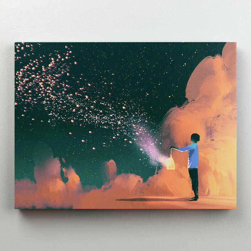 Интерьерная картина на холсте "Мальчик в небесах выпускает волшебную пыльцу" размер 30x22 см