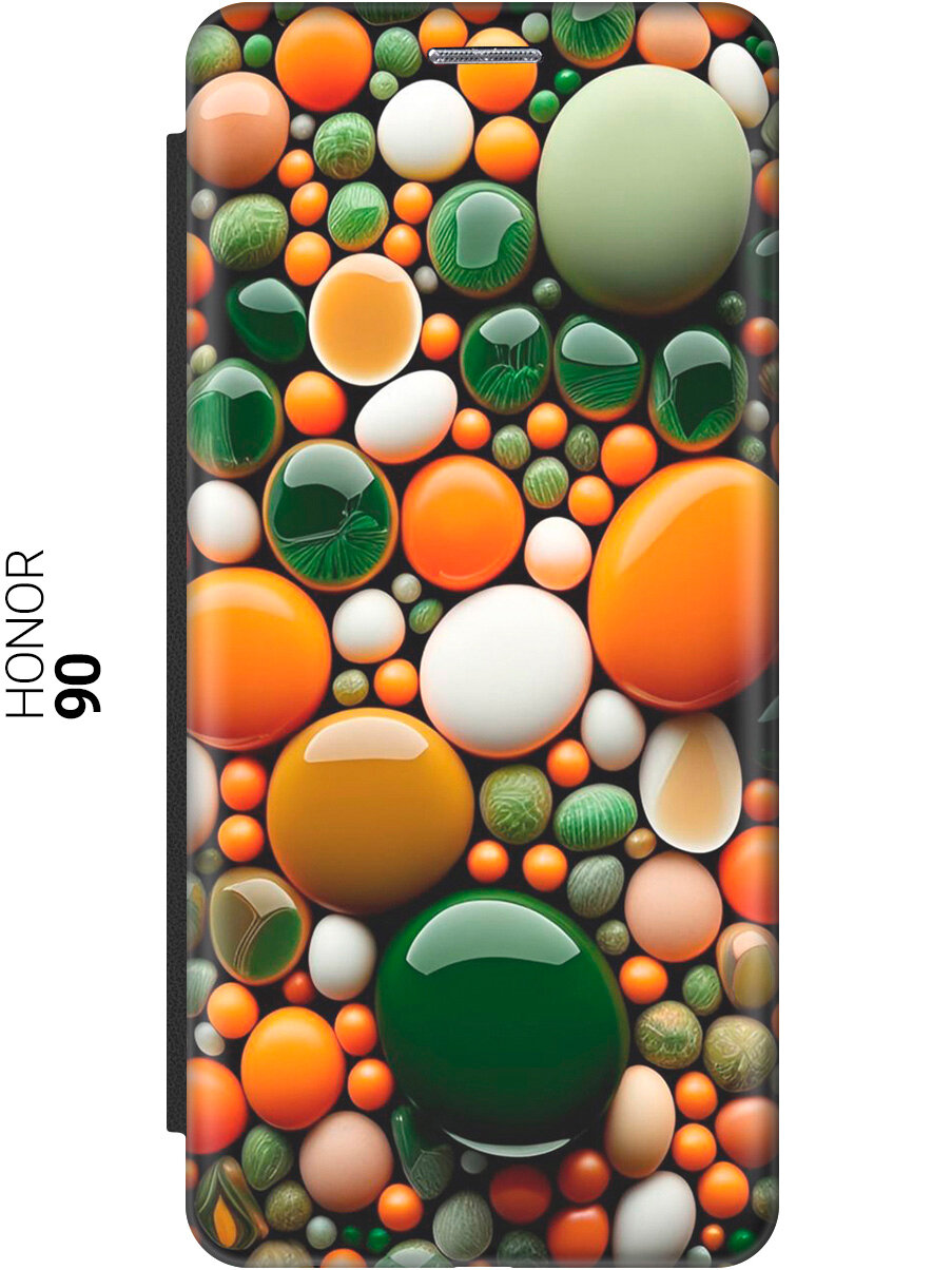 Чехол-книжка на Honor 90 / Хонор 90 с рисунком "Оранжевые и зеленые камушки" черный