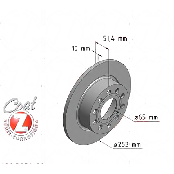 ZIMMERMANN 600.3234.20 (1K0615601AB / 1K0615601K / 5C0615601) диск тормозной задн. 253x10 / 51-5x112 \ Audi (Ауди)