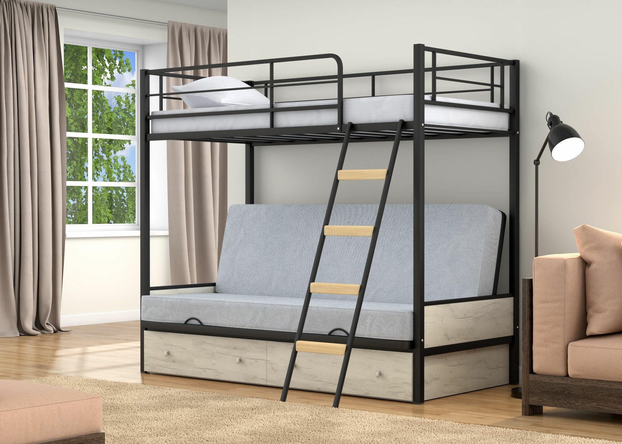 Двухъярусная кровать-диван Дакар 2 Черный ящики Дуб крафт белый