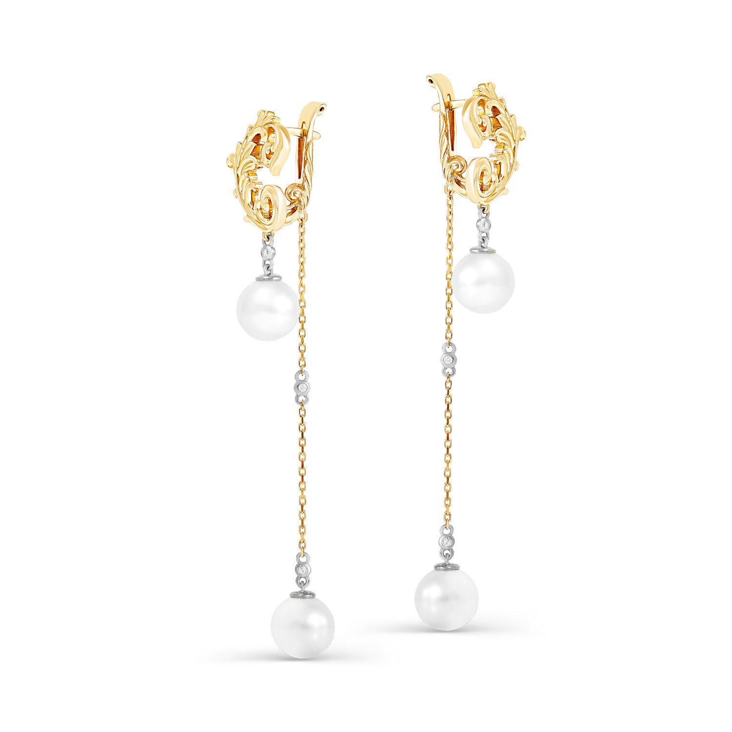 Серьги JEWELIN, желтое золото, 585 проба, бриллиант, жемчуг