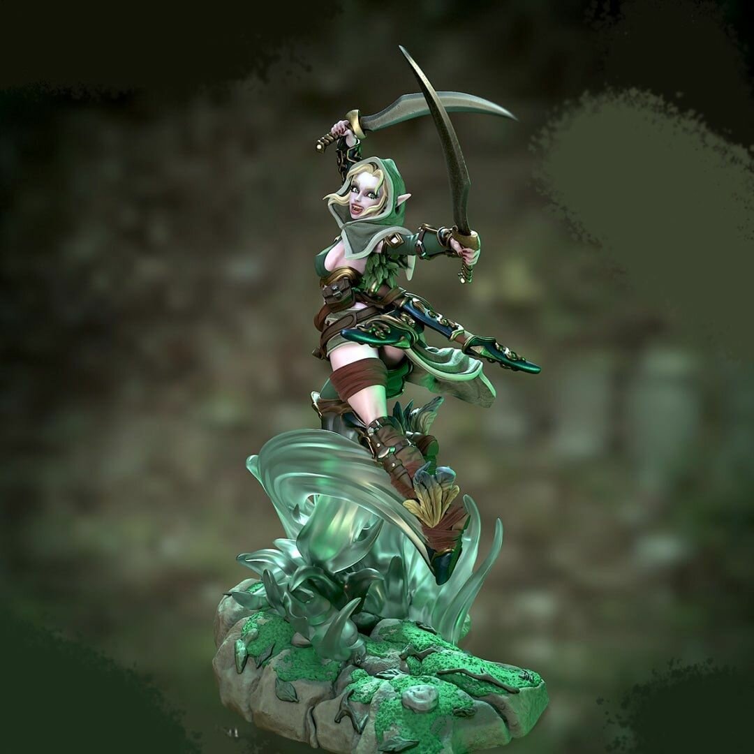 Танцующая с клинками Лесная эльфийка (45мм) Вор, рога, разбойник, файтер миниатюра для DnD (ДнД), Pathfinder и других Настольных игр (НРИ, Варгеймов или РПГ), фентези тематика