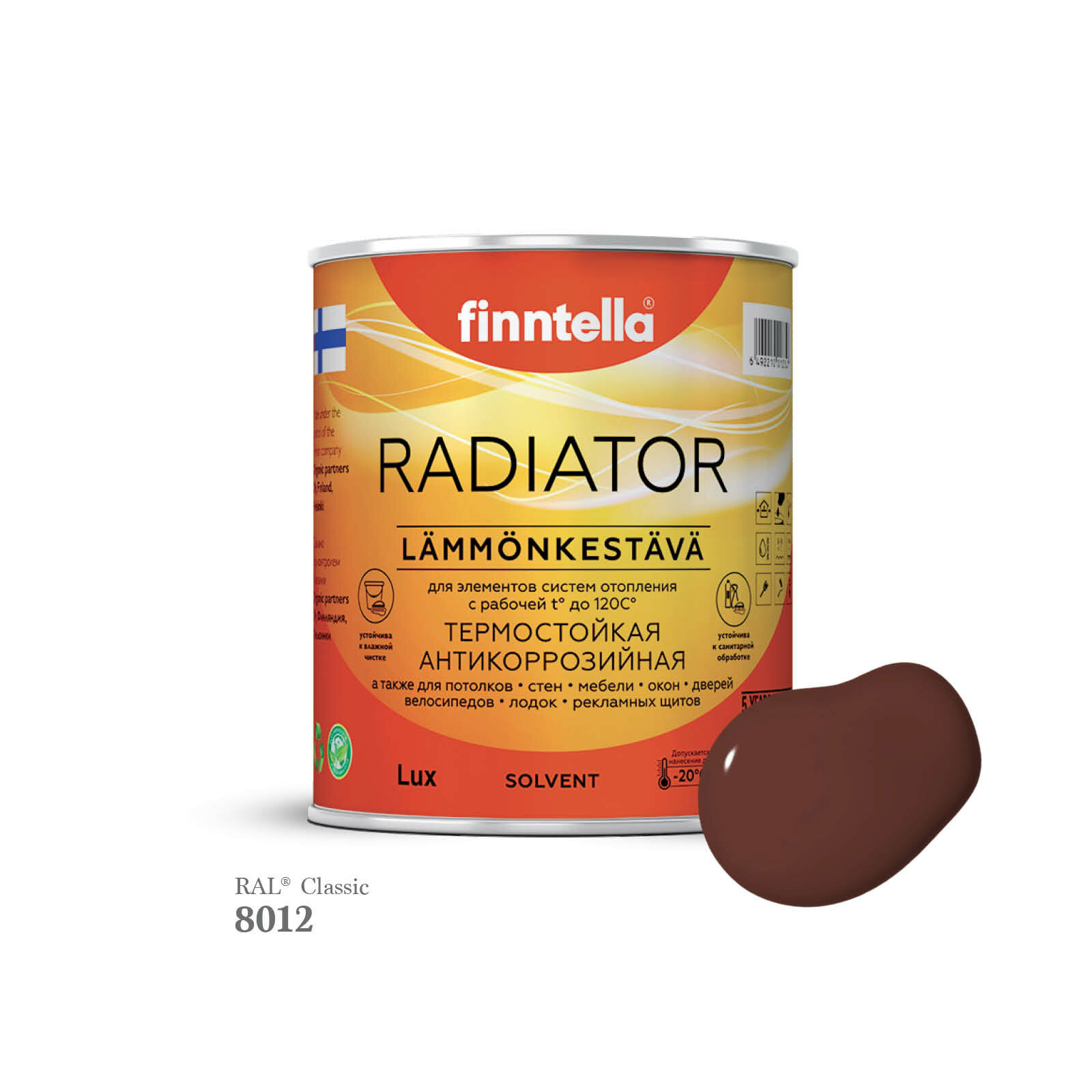 Краска для радиаторов быстросохнущая финская эмаль FINNTELLA RADIATOR, цвет RAL8012 , 0,9л
