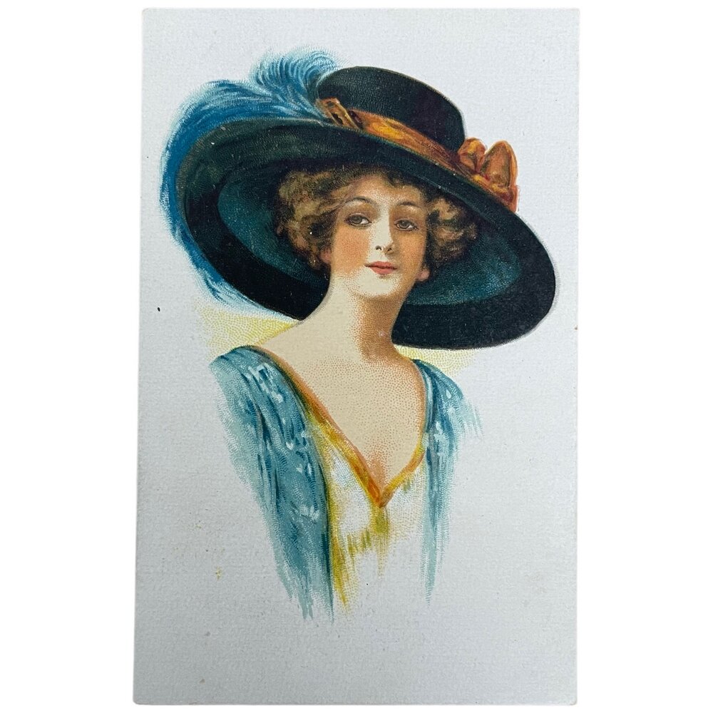 Почтовая открытка "Дама в шляпе с голубым пером" 1900-1917 гг. Европа