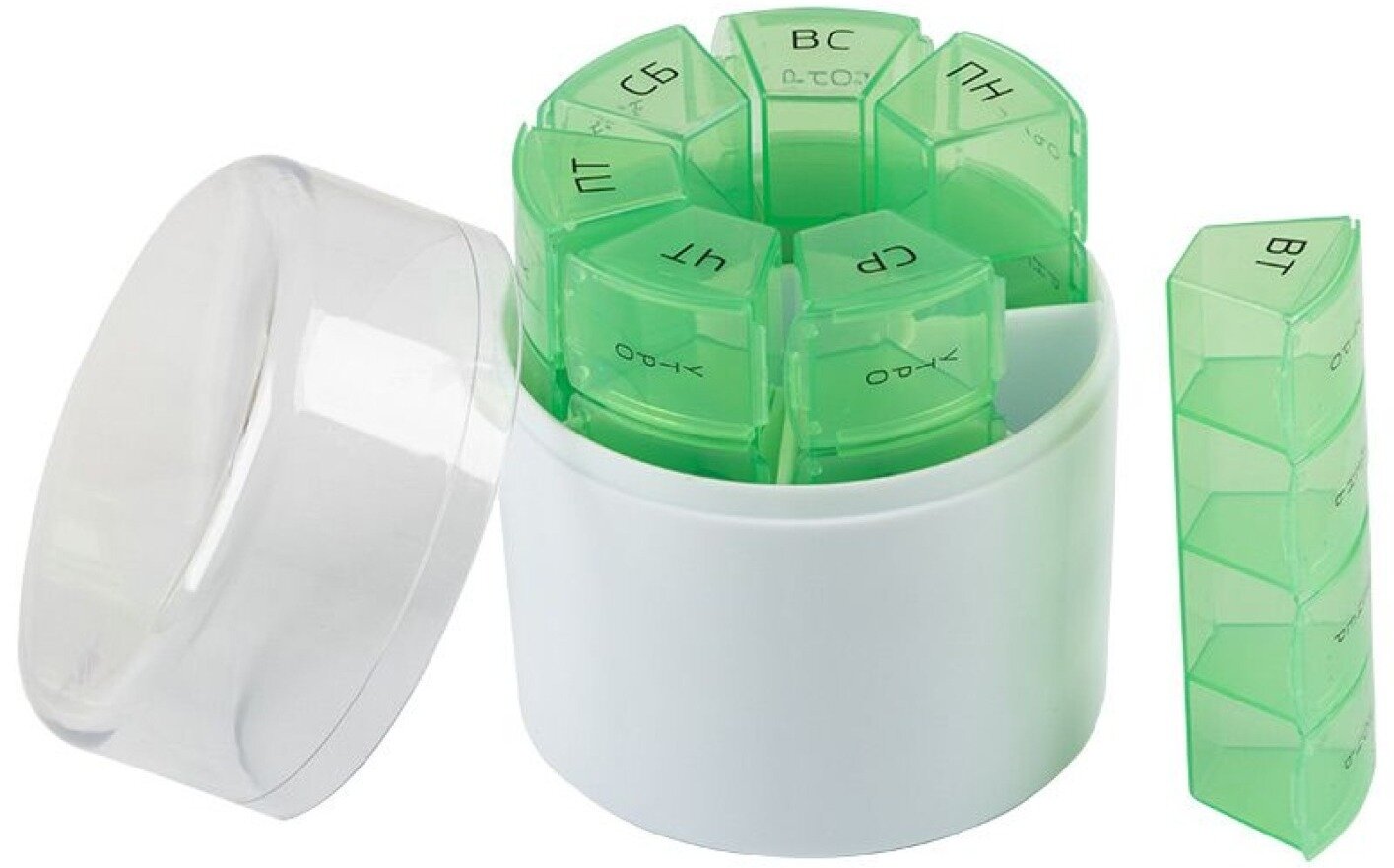 Таблетница Ecos / Экос в форме цилиндра, 28 секций на 7 дней, переносная, пластиковая, размер 88х88х100мм / бокс для хранения