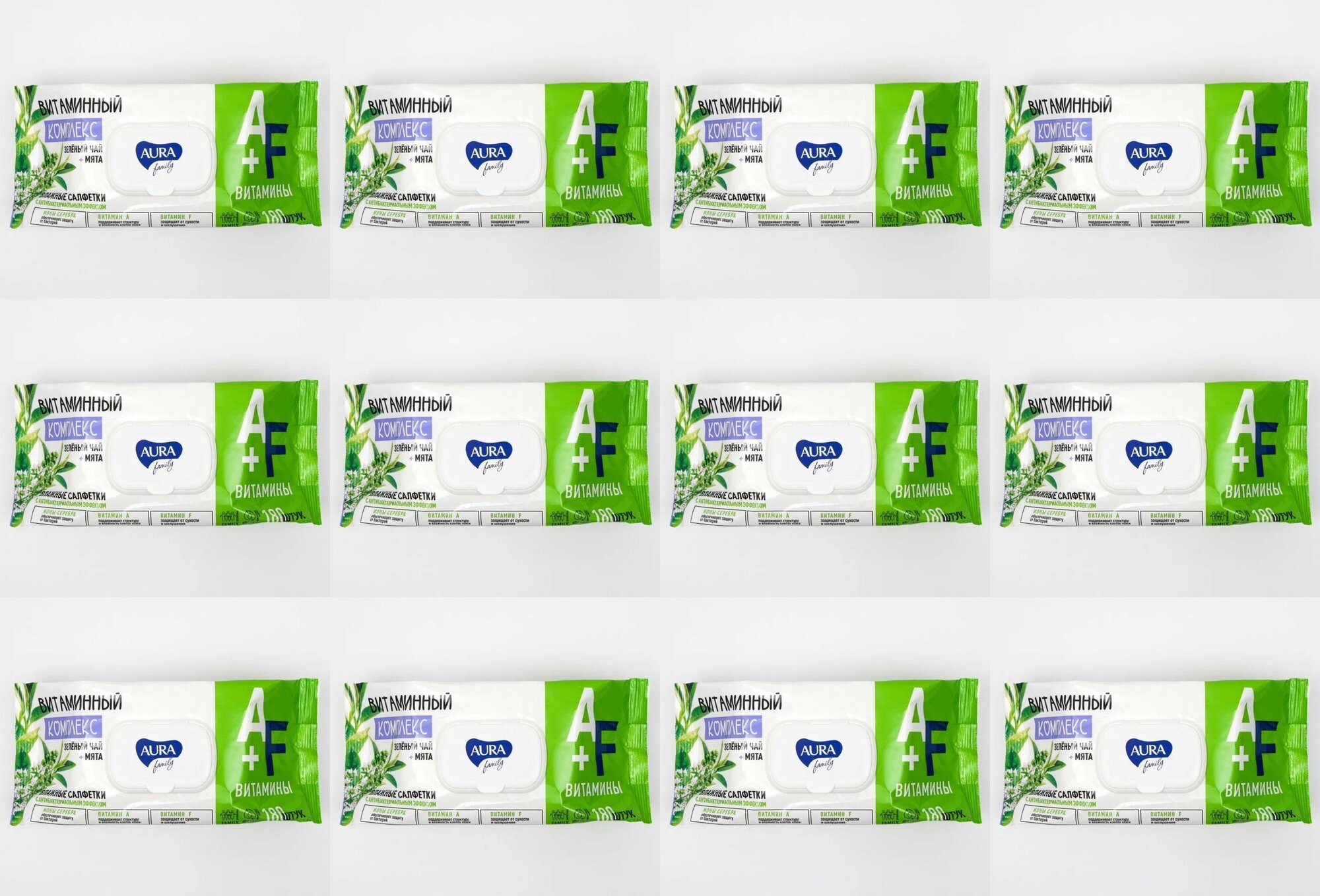 Aura Влажные салфетки с антибактериальным эффектом, 180 шт, 12 уп