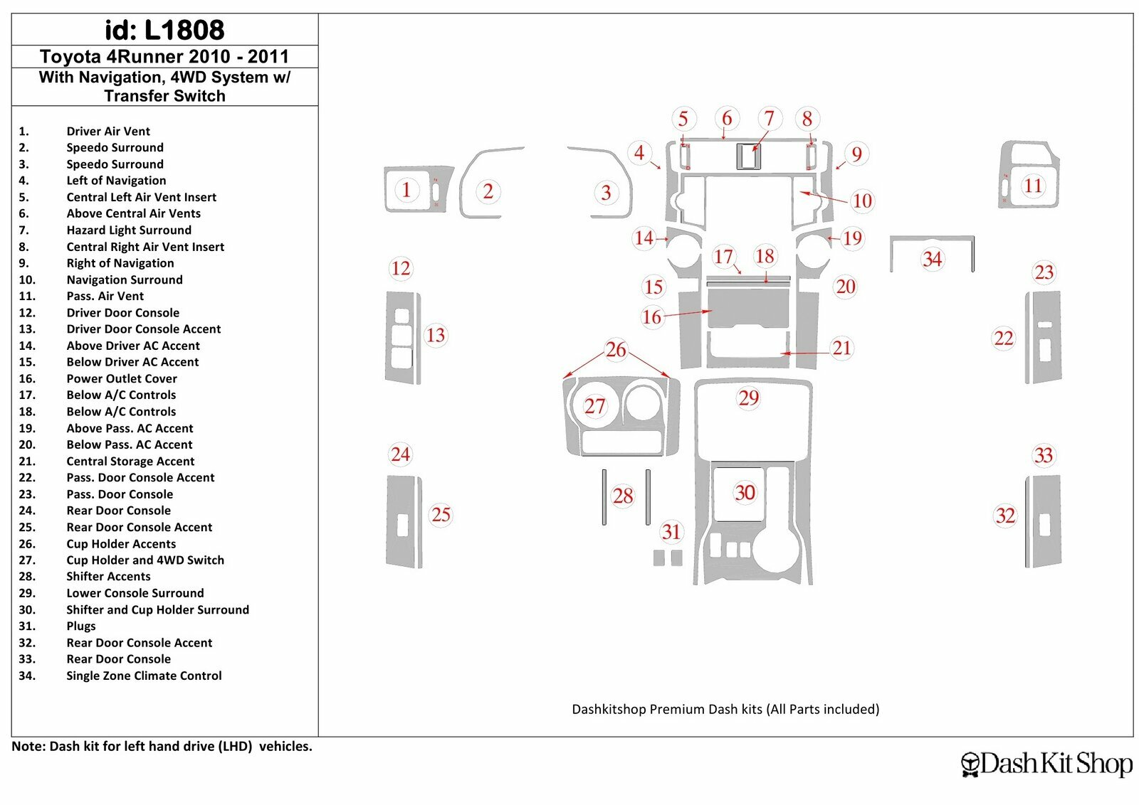 Накладки салона под дерево, карбон, алюминий для Toyota 4 Runner 2010-UP. Комплект L1807.