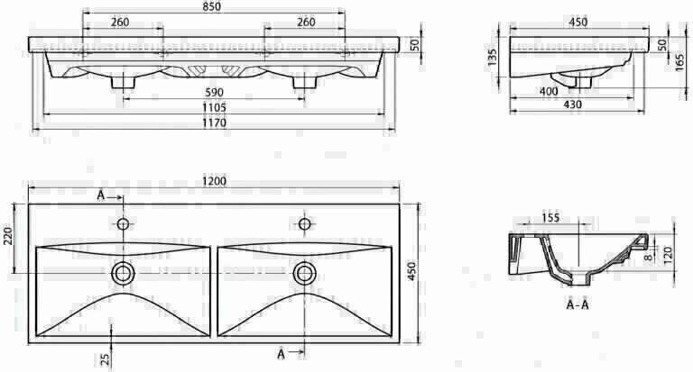 Раковина керамическая двойная 1200x450, BB-0325-120-2-LVB