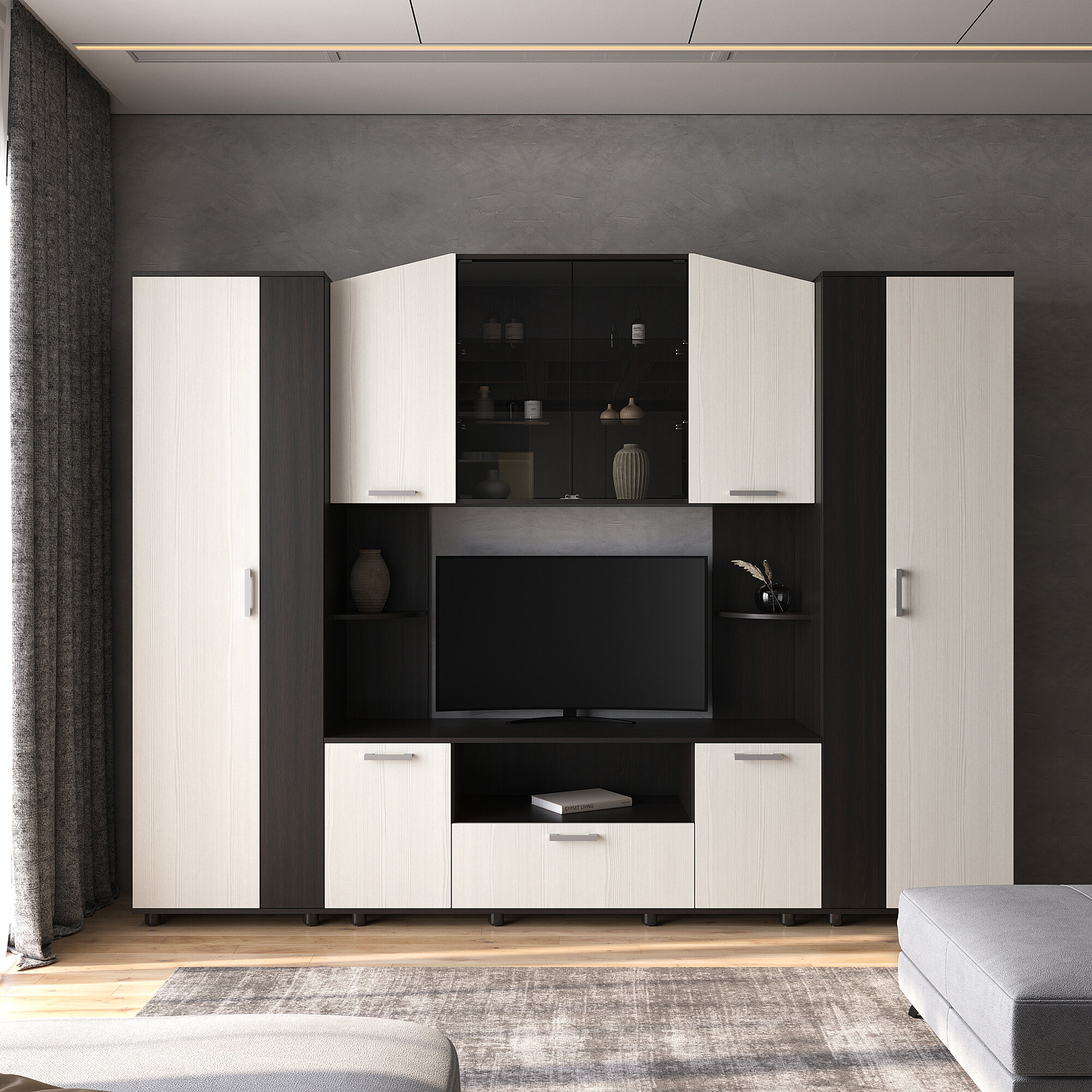 Стенка в гостиную "Ривьера" цвет: венге/ бодега светлая размер: 2754x470x2137 мм