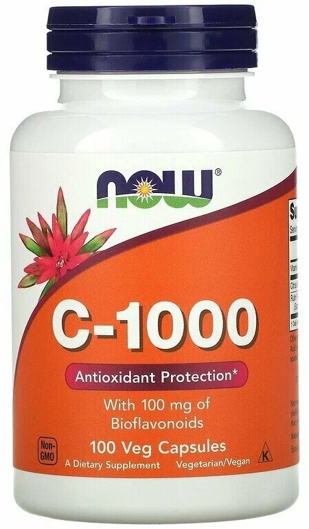 Now Витамин С с шиповником и биофлавоноидами 100 мг 100 таблеток, C-1000 with Bioflavonoids 100 veg caps