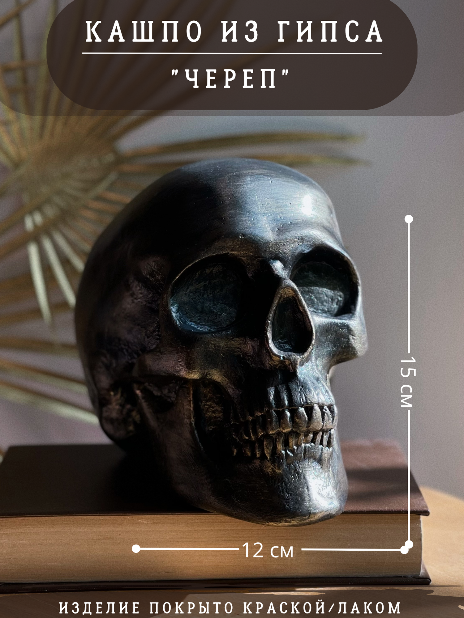 Кашпо из гипса Череп анатомический в черном цвете с бронзой, 15 см, органайзер