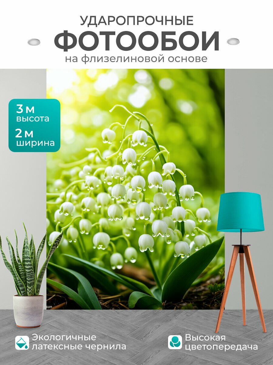 Фотообои моющиеся ударопрочные "Ландыш на фоне нежно-зеленого весеннего леса, утопающий в лучах солнечного света, с капельками росы на его лепестках" 200x300 см. флизелиновые на стену