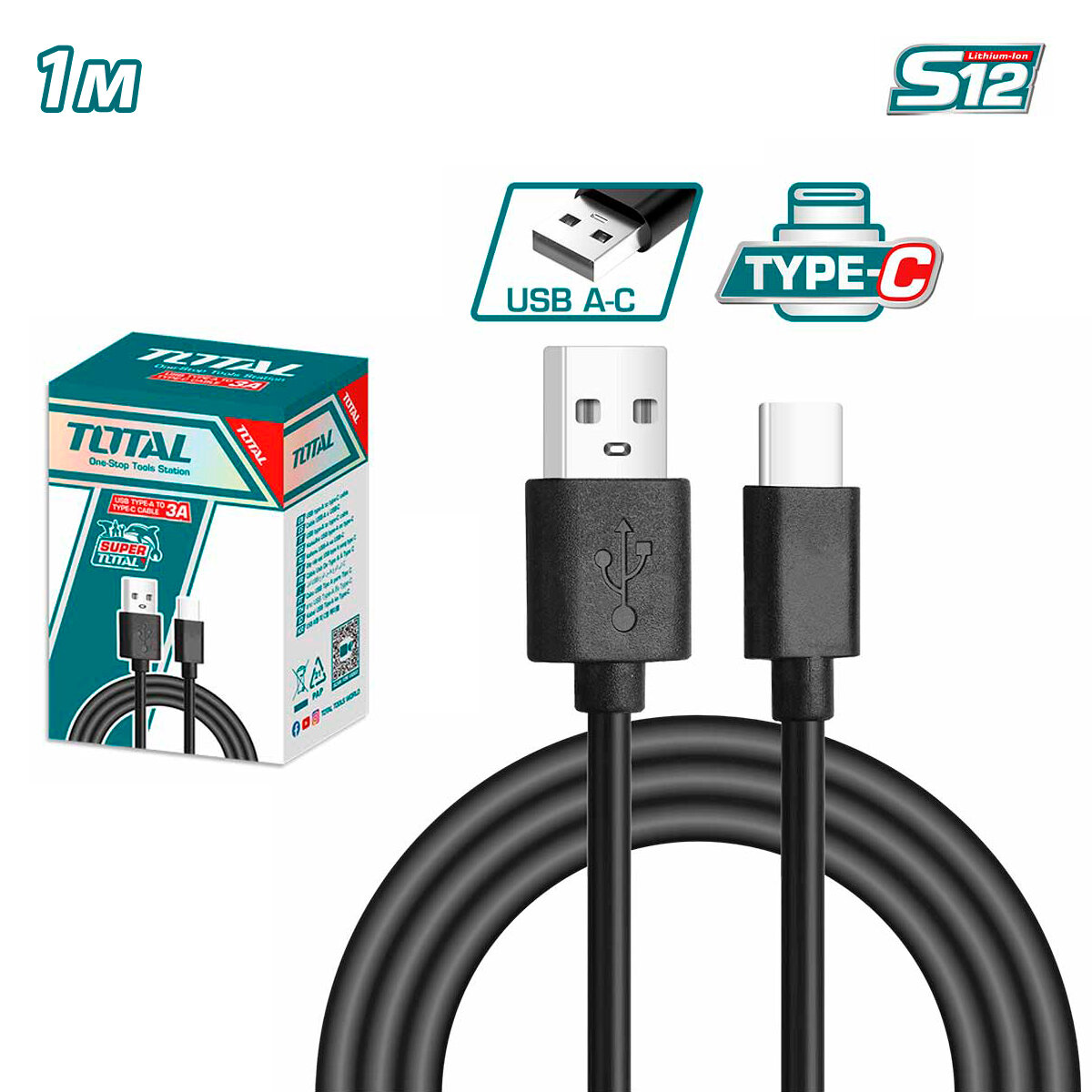 Кабель USB-A на USB-С, длина кабеля: 1м, 3А TOTAL TIUCC01