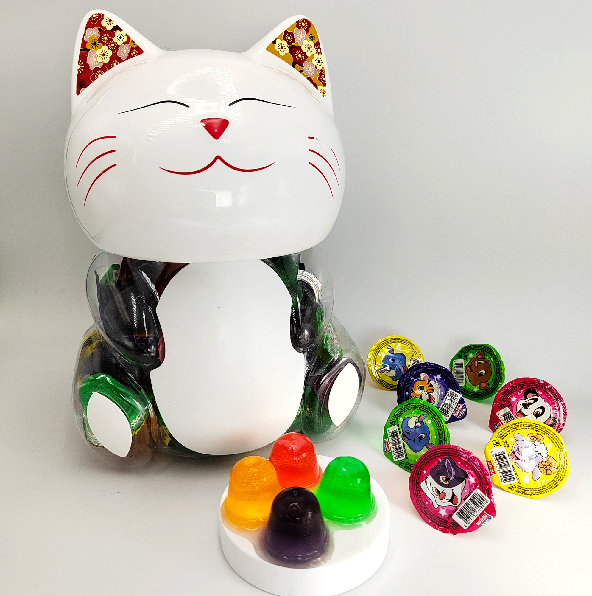 Желе десерт кошка. Банка 100шт по 13гр. Желейные конфеты Канди Клаб. Набор вкусов ассорти: яблоко, апельсин, клубника, виноград, манго, персик. Сладости в подарок на праздники, день рождения