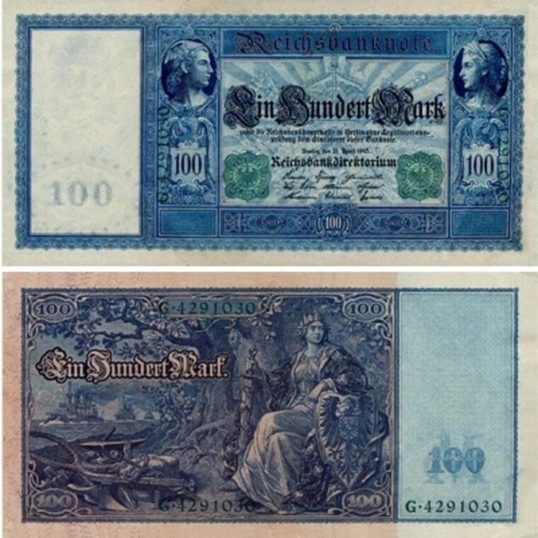 Германия 100 марок 1910 две зеленые печати, сувенирная копия, банкноты и купюры редкие коллекционные