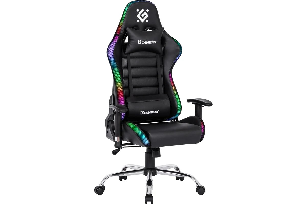 Кресло игровое компьютерное Defender ULTIMATE LIGHT, черное, с RGB подсветкой, из экокожи, до 120кг