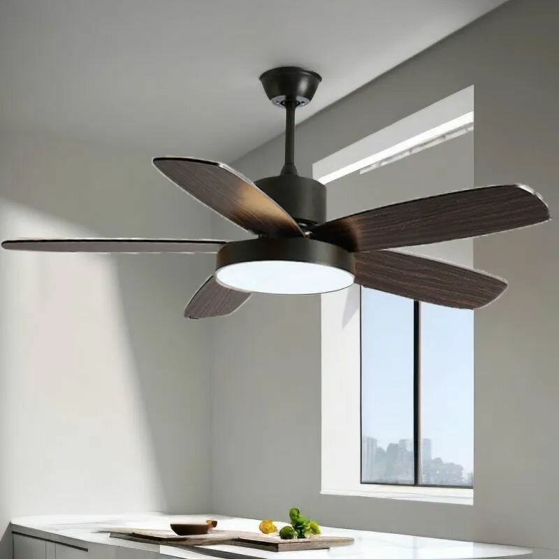 Простой и стильный пятилопастной подвесной потолочный вентилятор Черный + дерево 105 см трехцветный свет