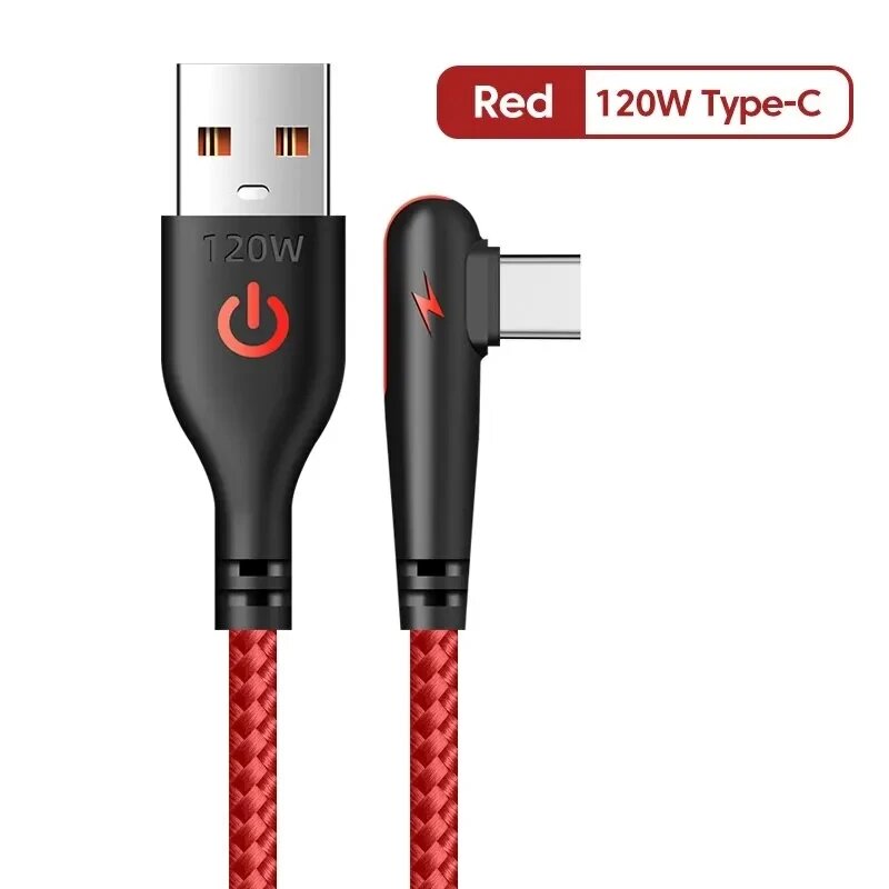 90-градусный локоть типа C USB-кабель для быстрой зарядки Huawei Mate 60 50 40 P60 P50 Honor Xiaomi Redmi POCO 120 Вт Кабель для быстрой зарядки 0.25m, Red