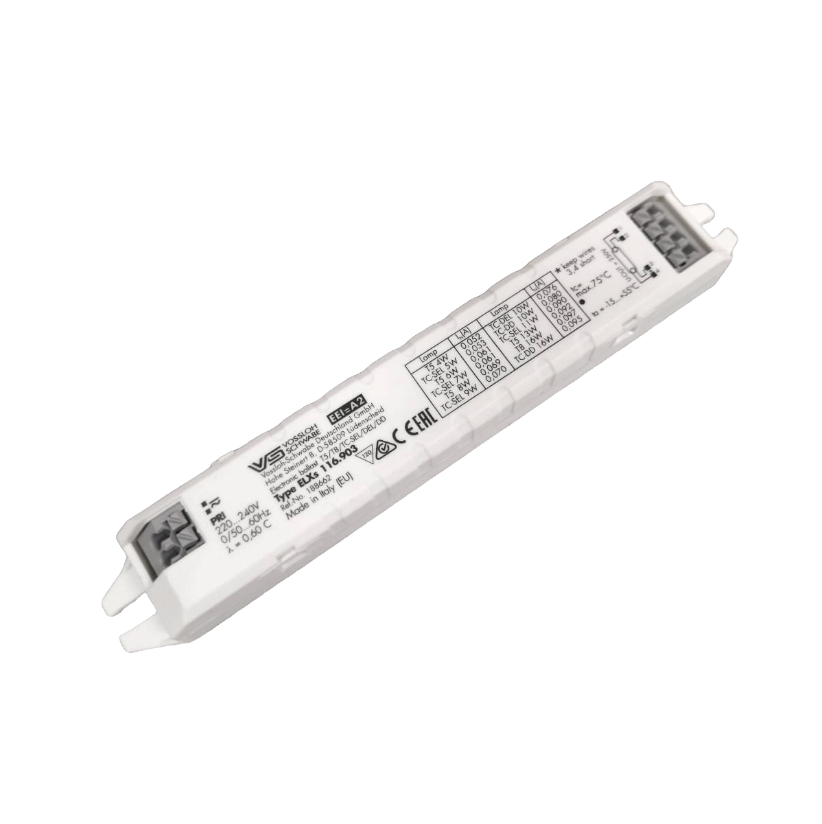 Электронный ПРА (дроссель/балласт) VS ELXs 116.903 для люминесц. ламп T5 1 x 4/6/8/10/13/16W, TC-SEL 1x5/7/9/11w, 188662