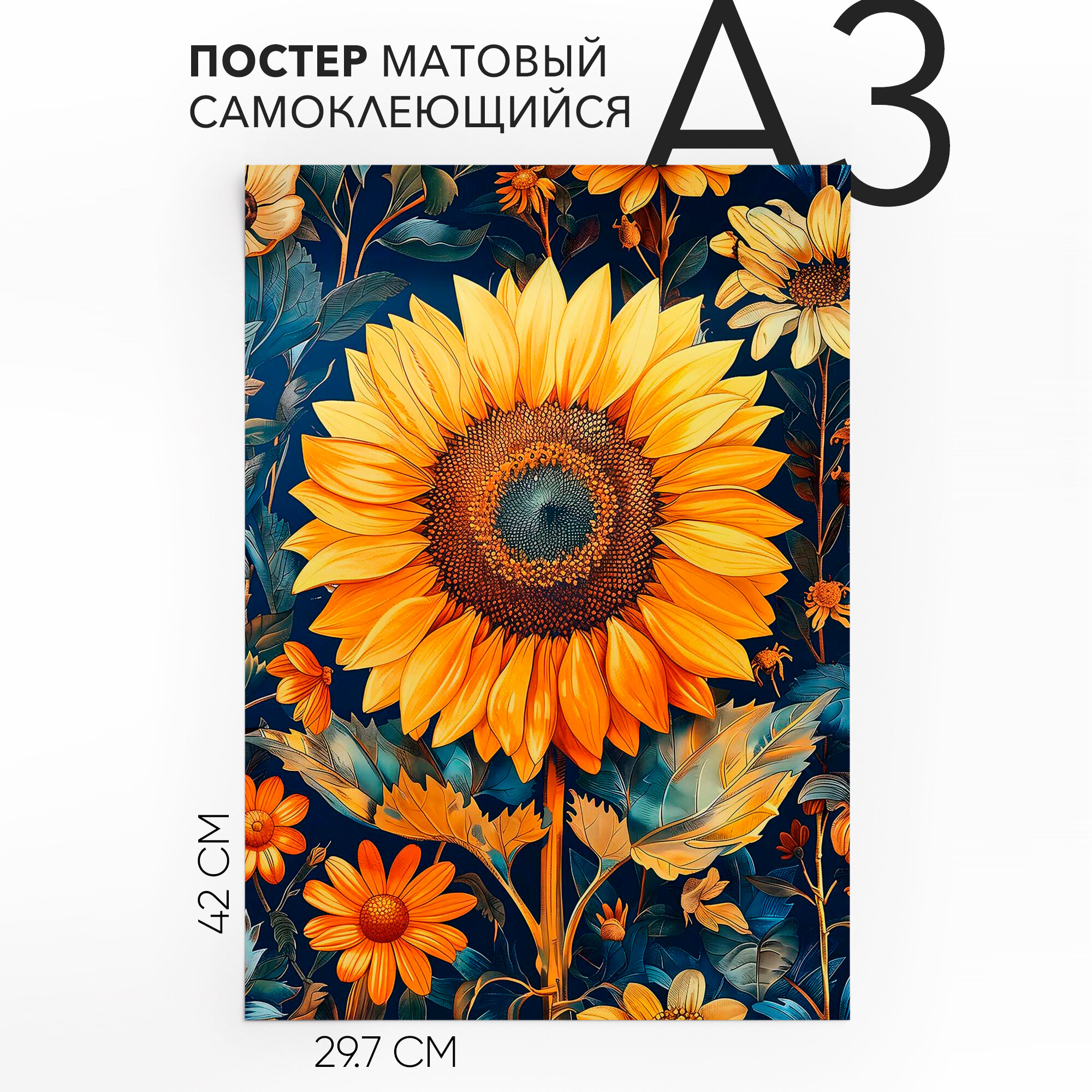 Постер на стену самоклеящийся A3 Подсолнух, влагостойкий, для декора