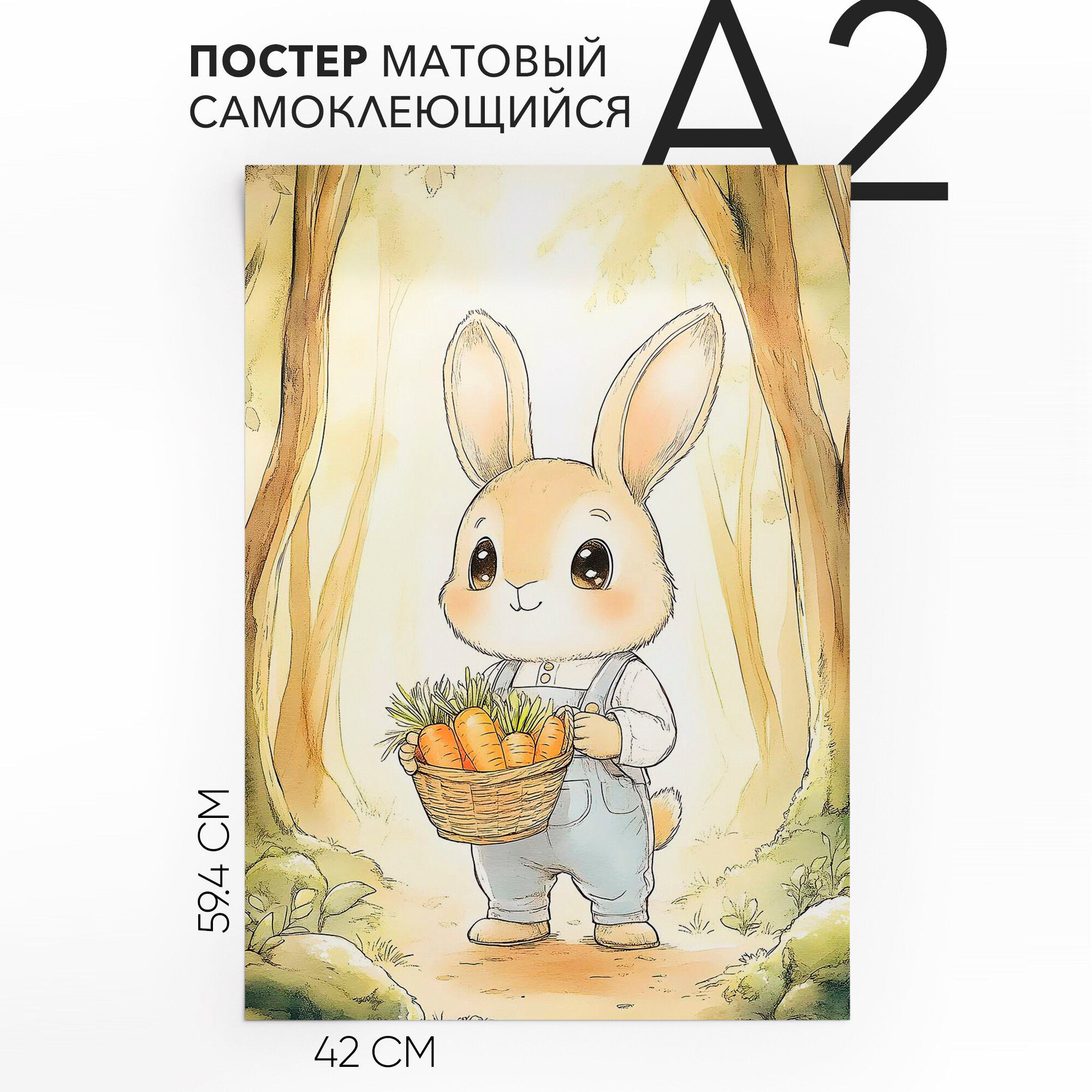 Постеры эстетичные, детский, большой A2 Зайчик с морковкой, влагостойкий, для декора