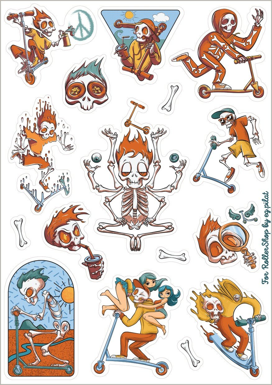 Наклейки на самокат Rollershop "Stickers", износостойкие - Skeleton