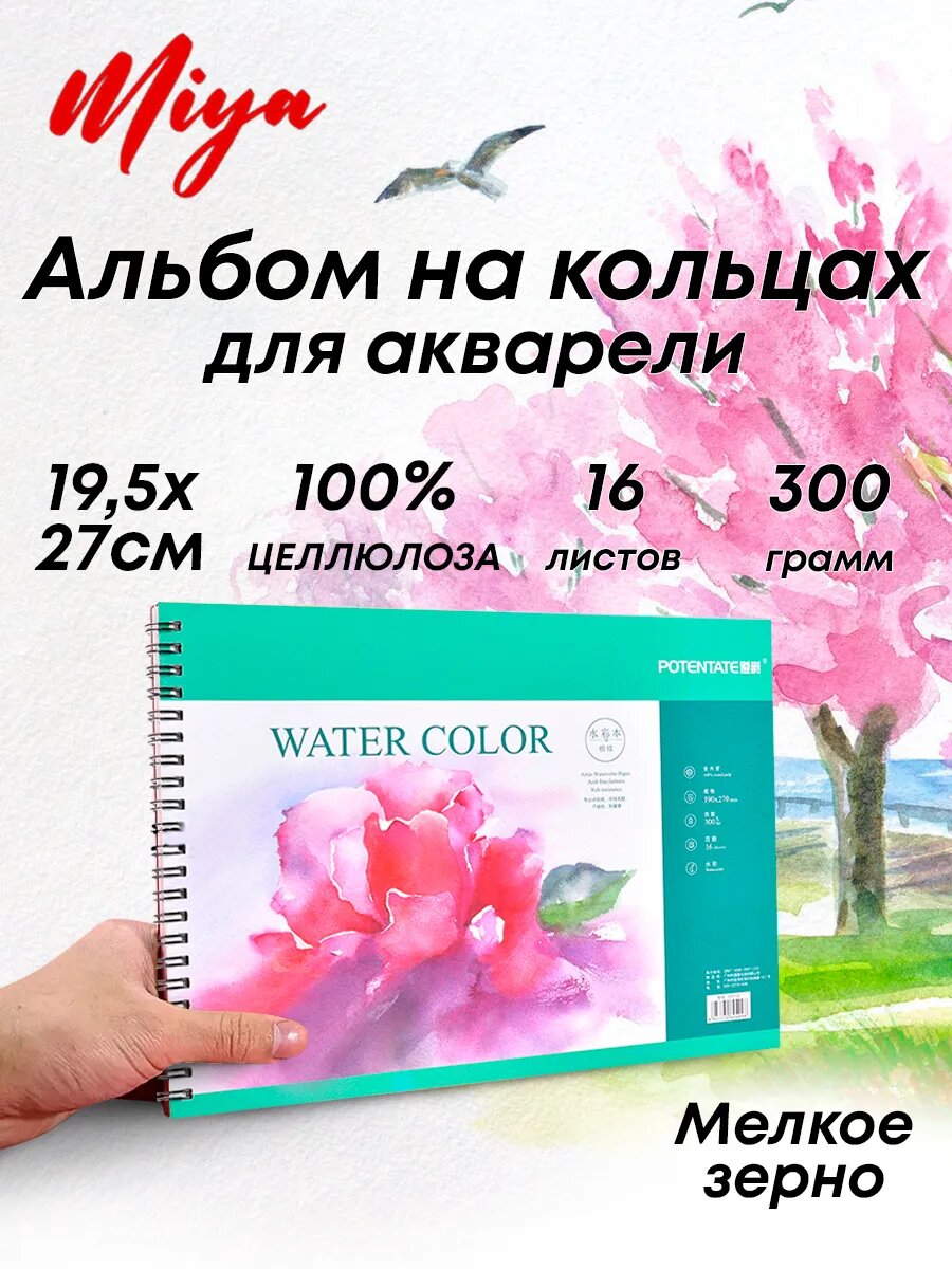 Альбом на кольцах для акварели Potentate 16К с плотностью 300г/кв. м, 16 л. Гладкая бумага из целлюлозы 195х270 мм 020742